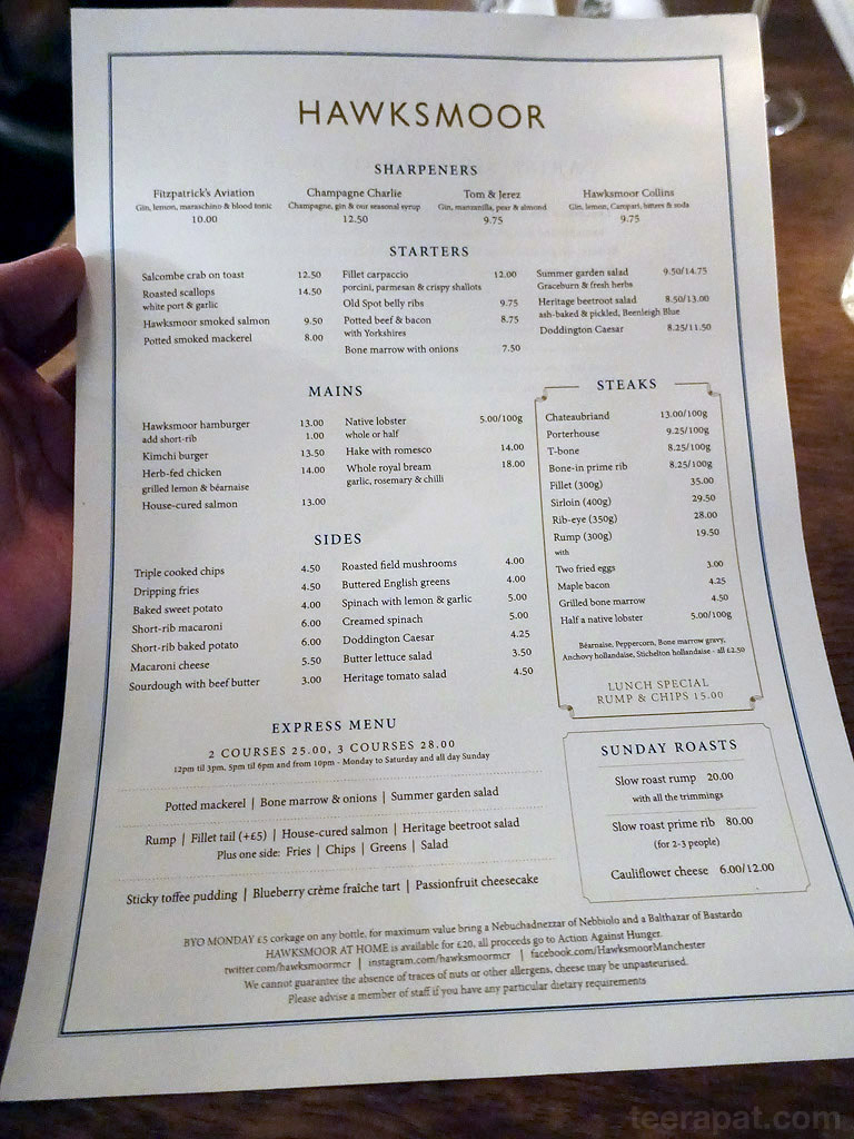 Hawksmoor สเต็กเฮาส์ร้านดัง สาขา Manchester ประเทศอังกฤษ – teerapat.com
